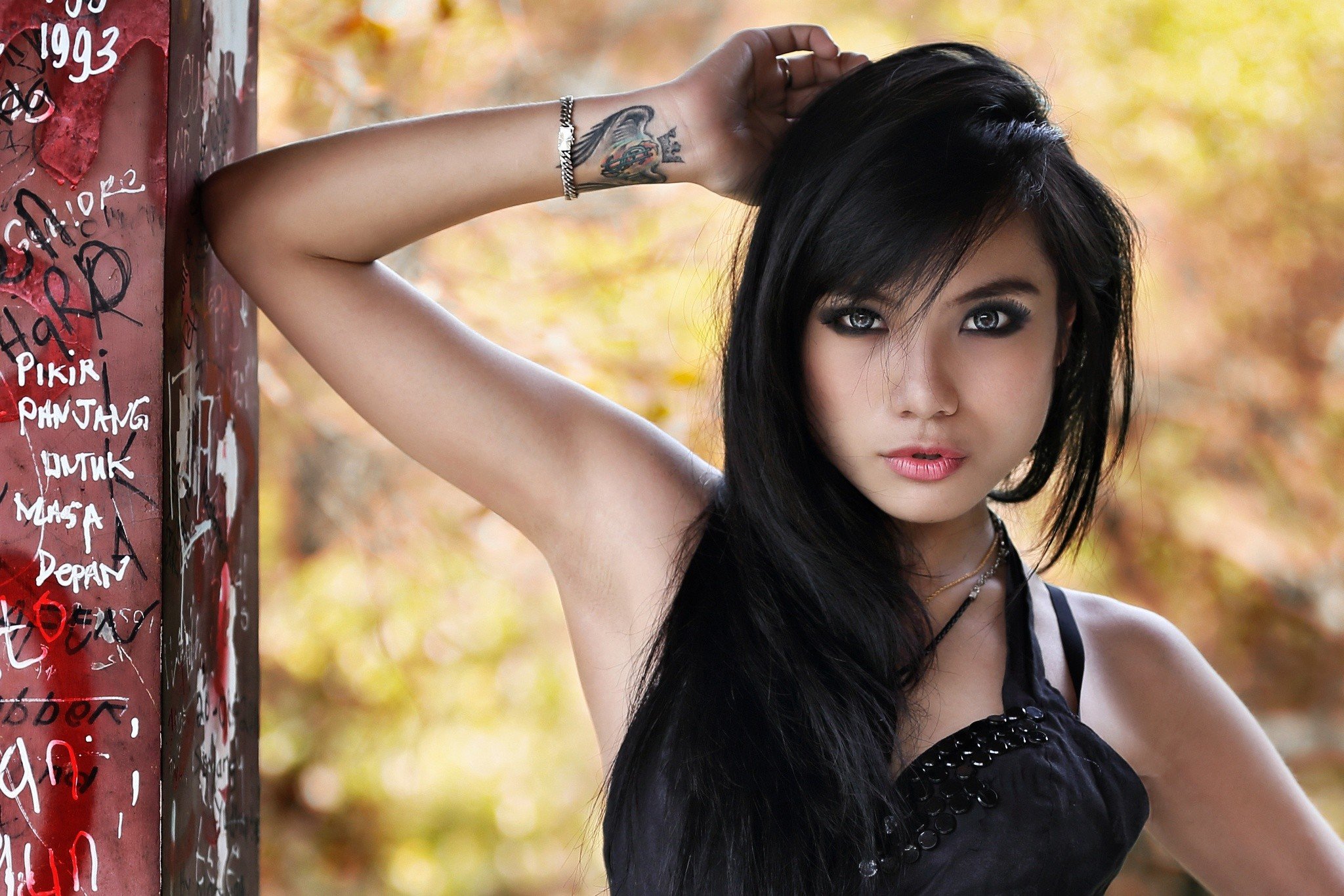Women Model Brunette Black Hair Blue Eyes Smoky Eyes Black Dress